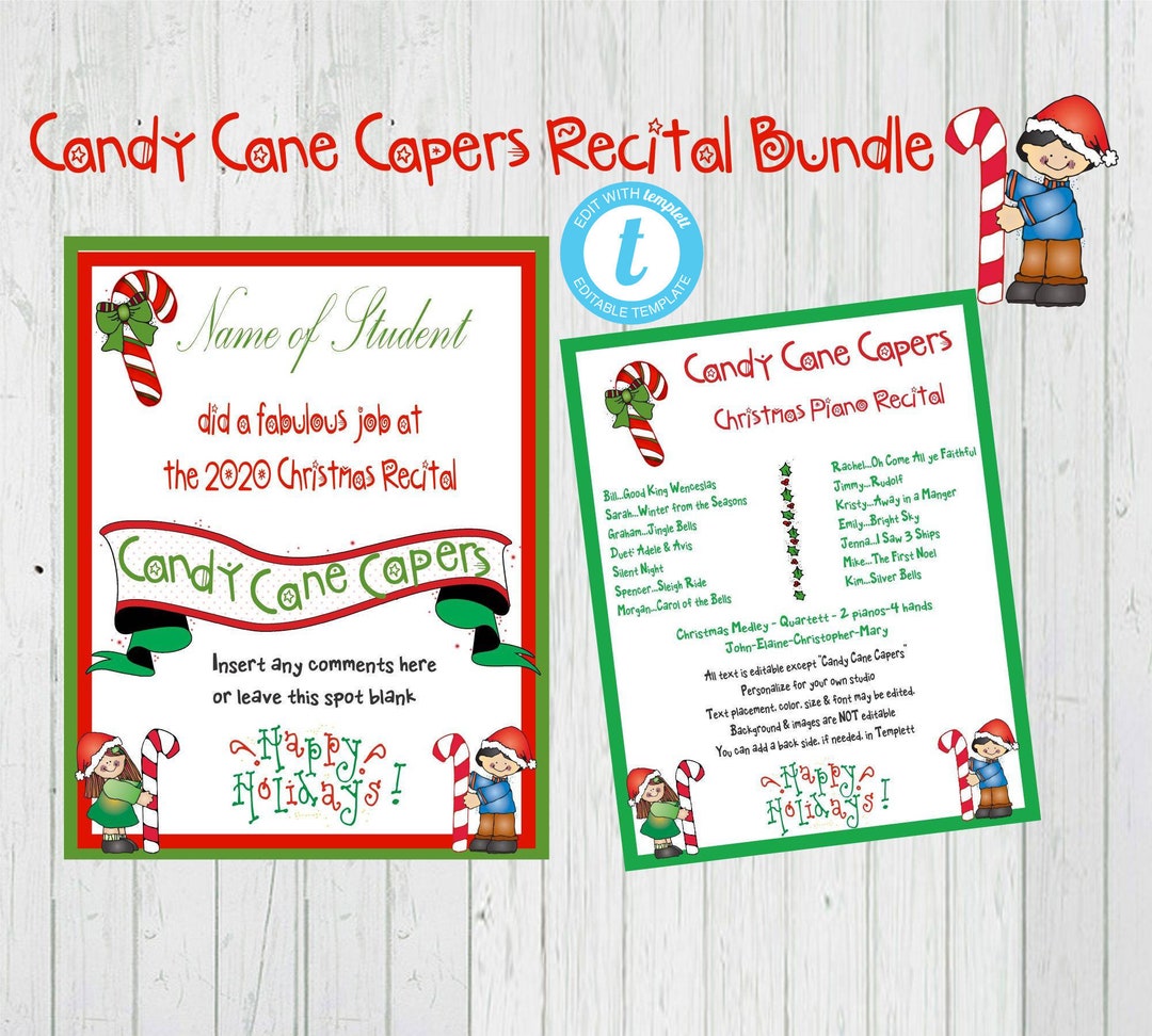 Christmas Music Recital-candy Cane Caper Theme-5 Editable Files-program ...