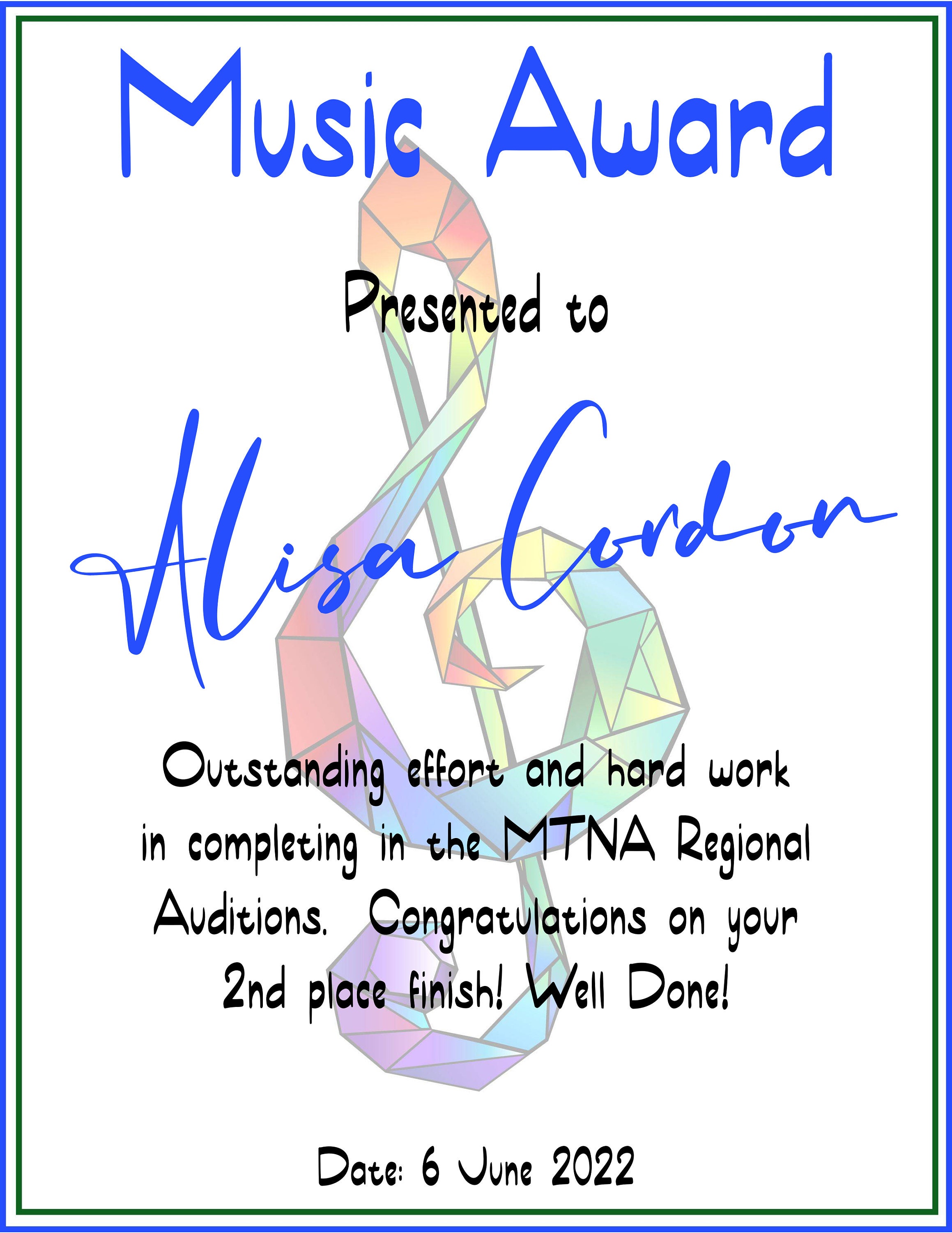 RAINBOW TREBLE CLEF Music Award Certificates in 2 Sizes-editable Text ...