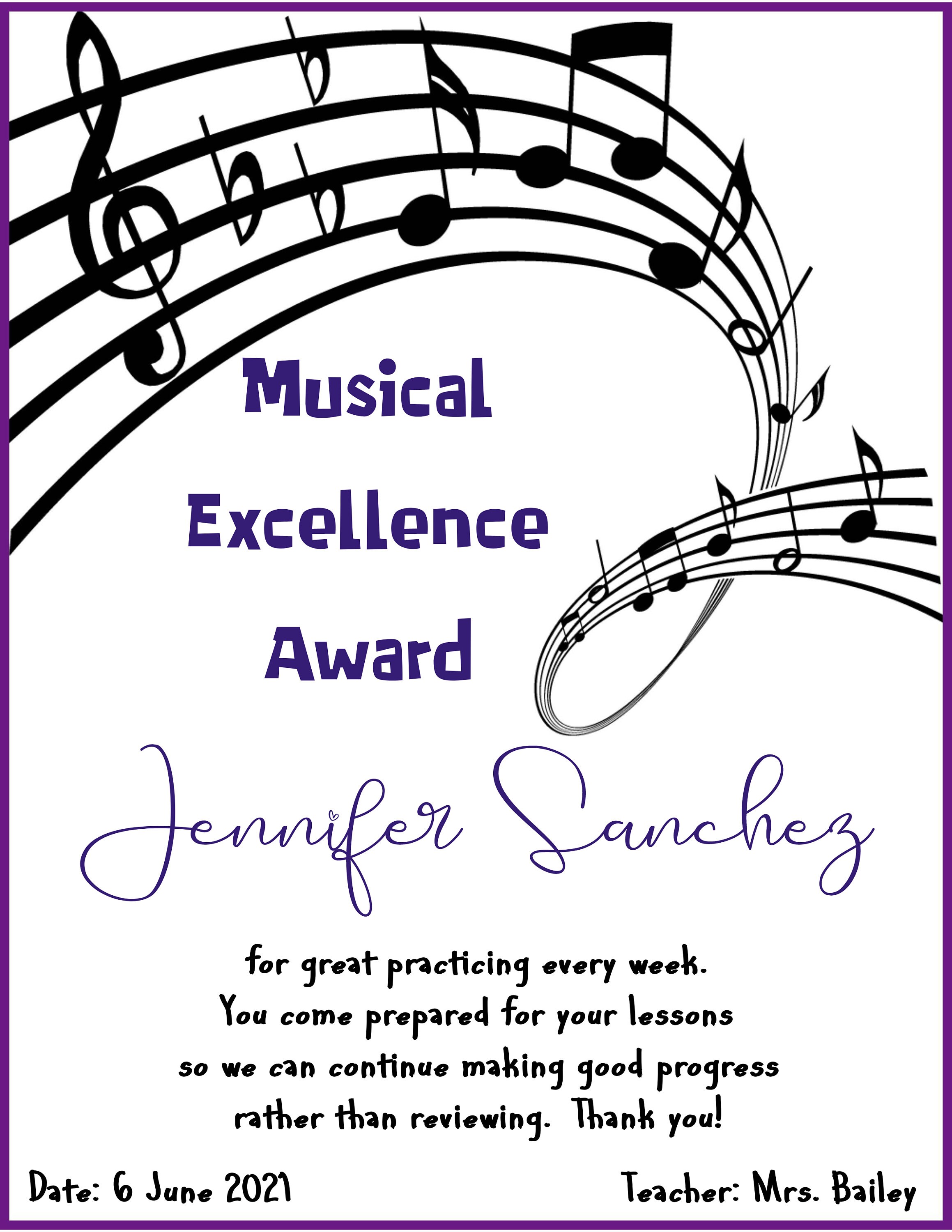 Swirling Staff Music Award Certificate Template-perfect for - Etsy