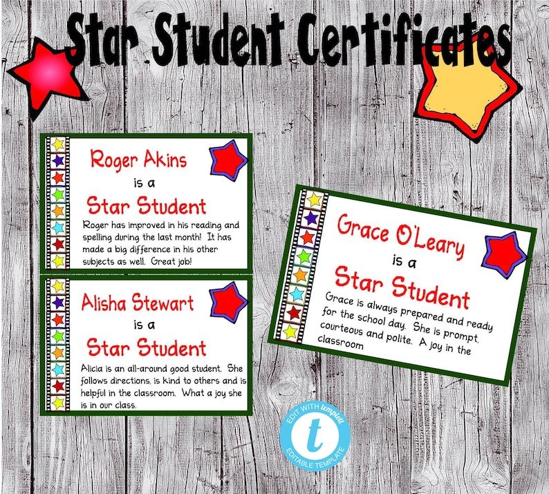 Award Certificate Templates-star Theme-student Recognition-editable ...