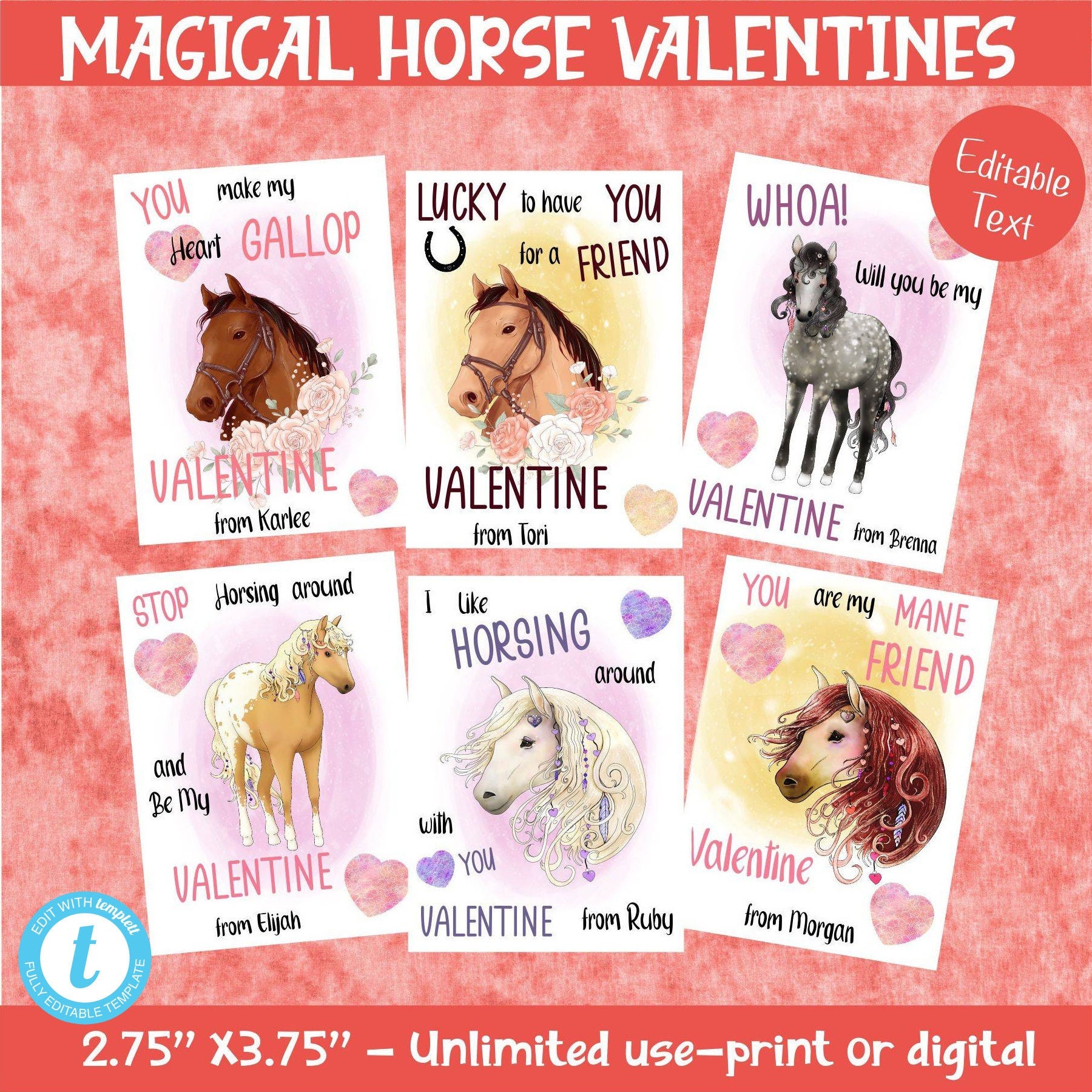Magical Horse Valentine Cards: Editable Kids Valentine's Day (digital ...