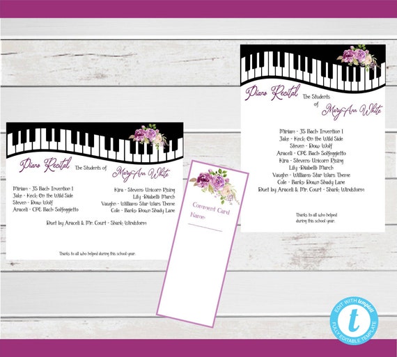 PIANO RECITAL Program & Comment Card-curvy Keyboard and Pretty - Etsy