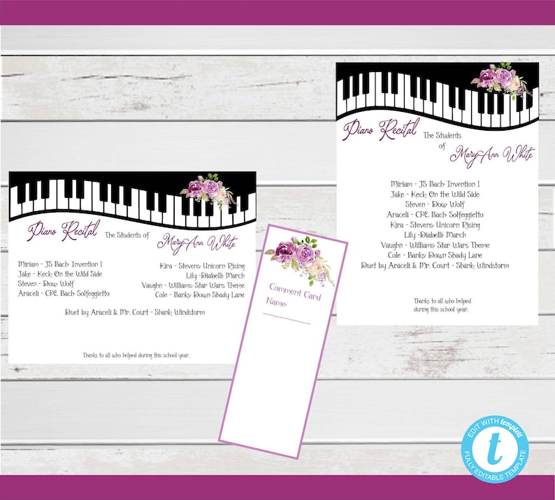 PIANO RECITAL Program & Comment Card-curvy Keyboard and Pretty Lavender ...