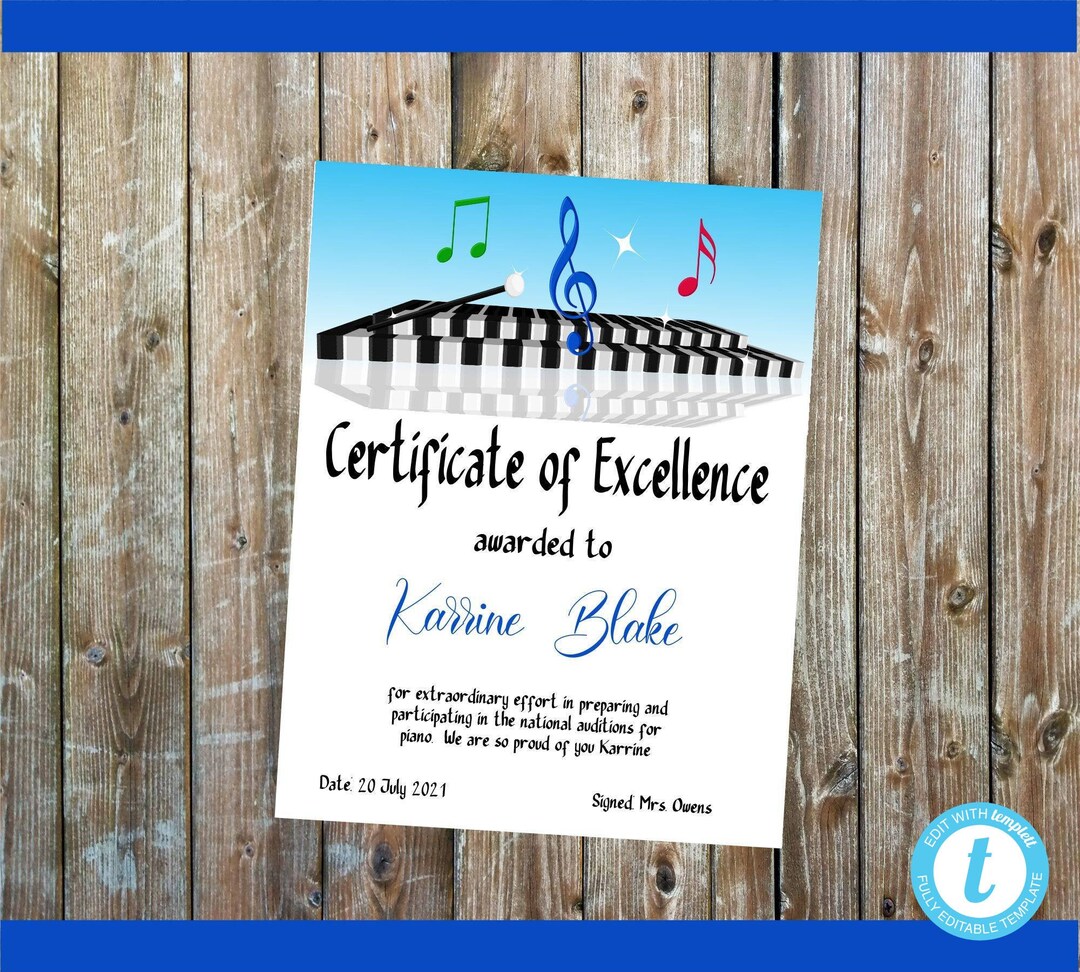 Music Award Certificate-editable Template for Recognition of Great Work ...