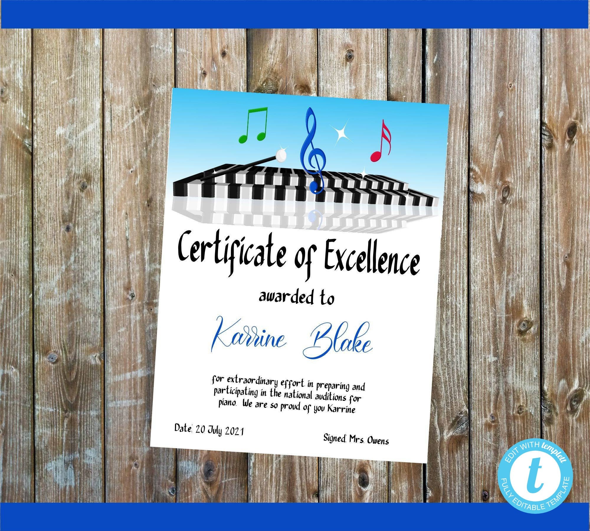 Music Award Certificate-editable Template for Recognition of Great Work ...