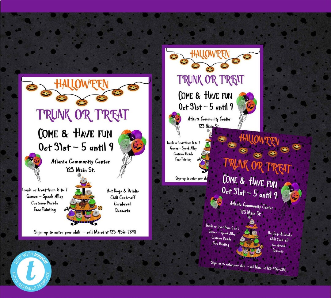 TRUNK OR TREAT Flyer Templates-2 Sizes-spooky Balloons-treat - Etsy