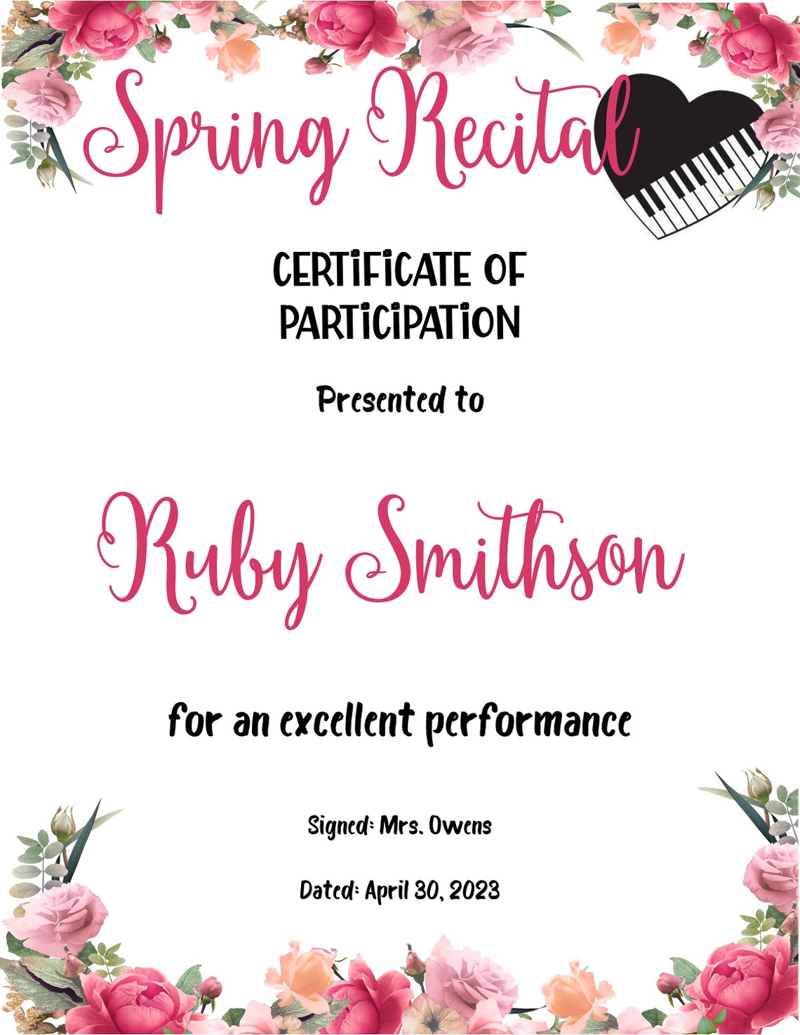 RECITAL PROGRAM-AWARD Certificate-comment Card With a - Etsy