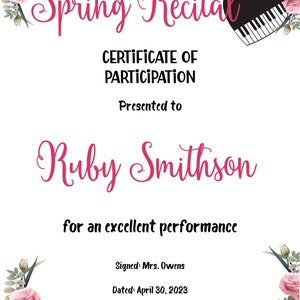 RECITAL PROGRAM-AWARD Certificate-comment Card With a - Etsy