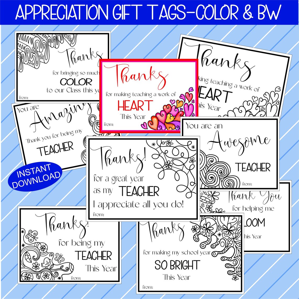 TEACHER APPRECIATION GIFT Tags-color and Black & White-16 Files-instant ...