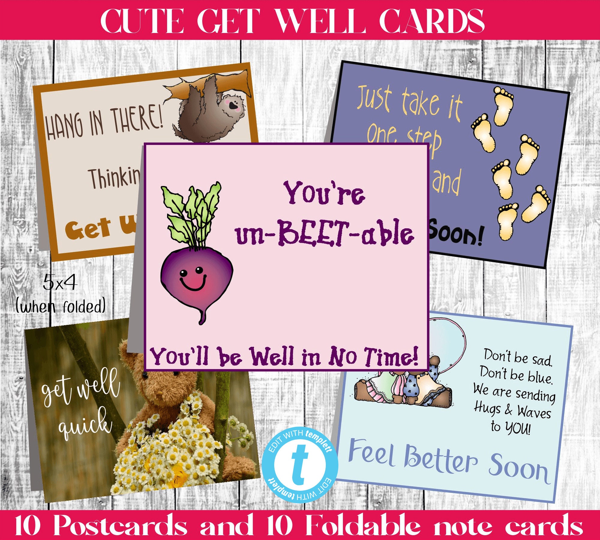 20 Cute GET WELL CARD Templates-foldable Notecard-postcard-editable ...