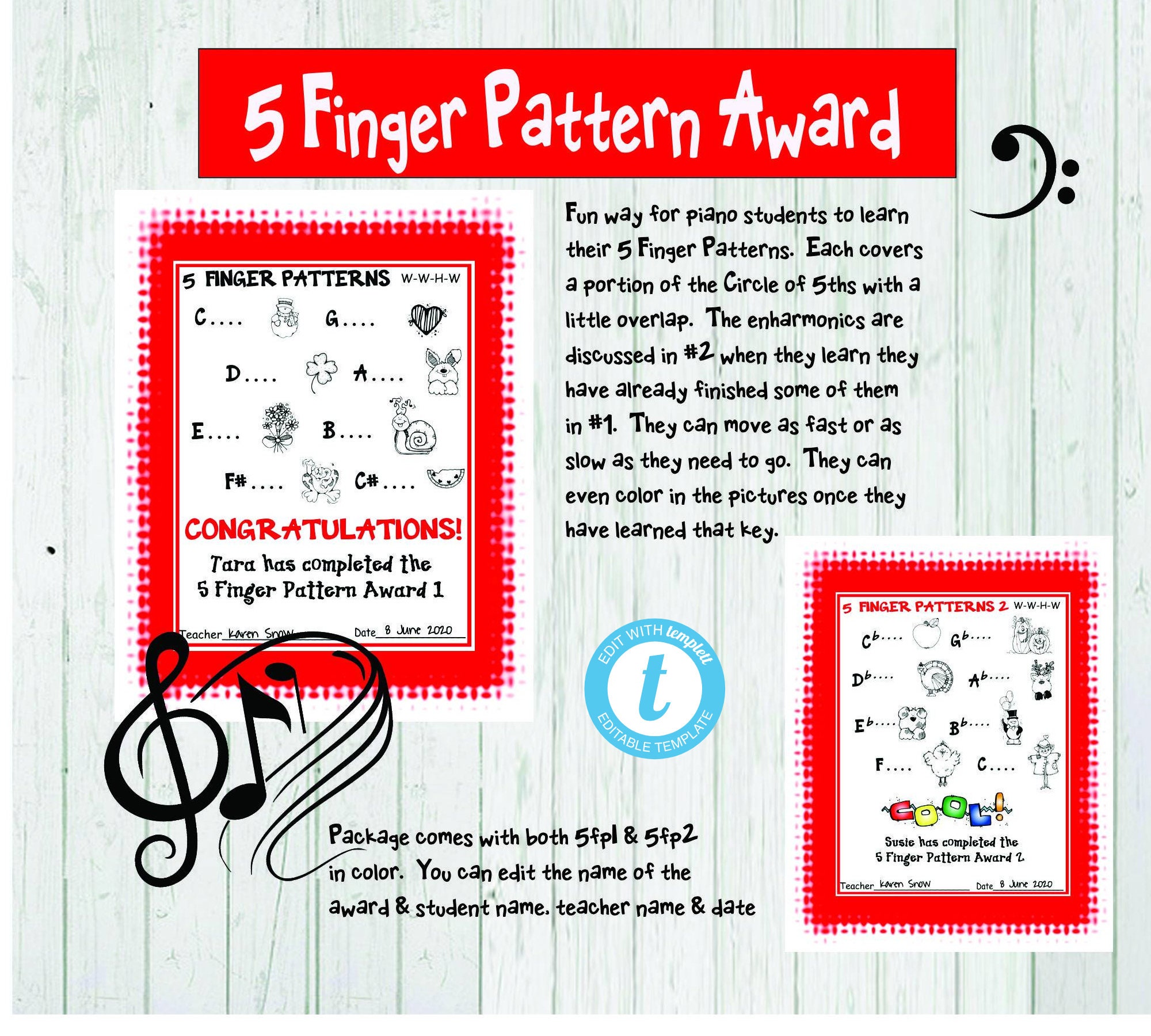 5 Finger Pattern Award for Music & Piano Students-editable Template ...