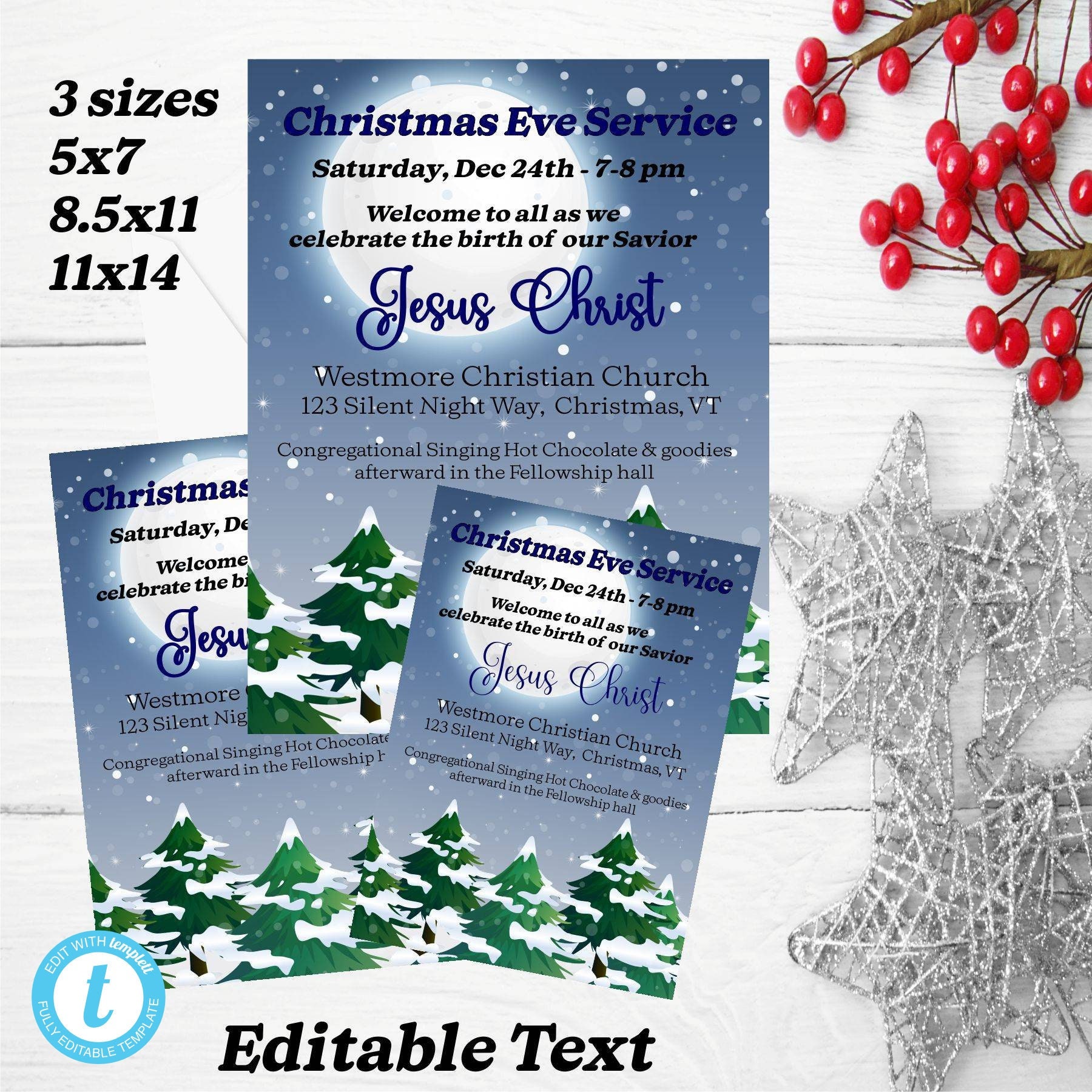 CHRISTMAS EVE SERVICE Invitation-flyer-poster Template-editable Text ...