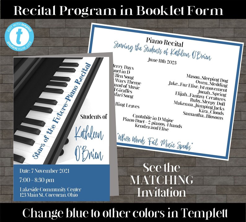 Editable Recital Program Piano Keyboard With Blue Color Scheme-booklet ...