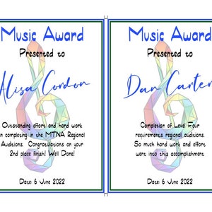 RAINBOW TREBLE CLEF Music Award Certificates in 2 Sizes-editable Text ...