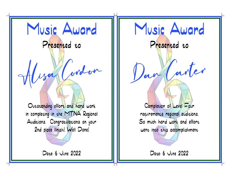 RAINBOW TREBLE CLEF Music Award Certificates in 2 Sizes-editable Text ...
