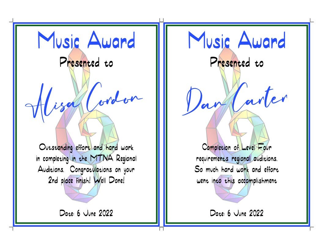 RAINBOW TREBLE CLEF Music Award Certificates in 2 Sizes-editable Text ...