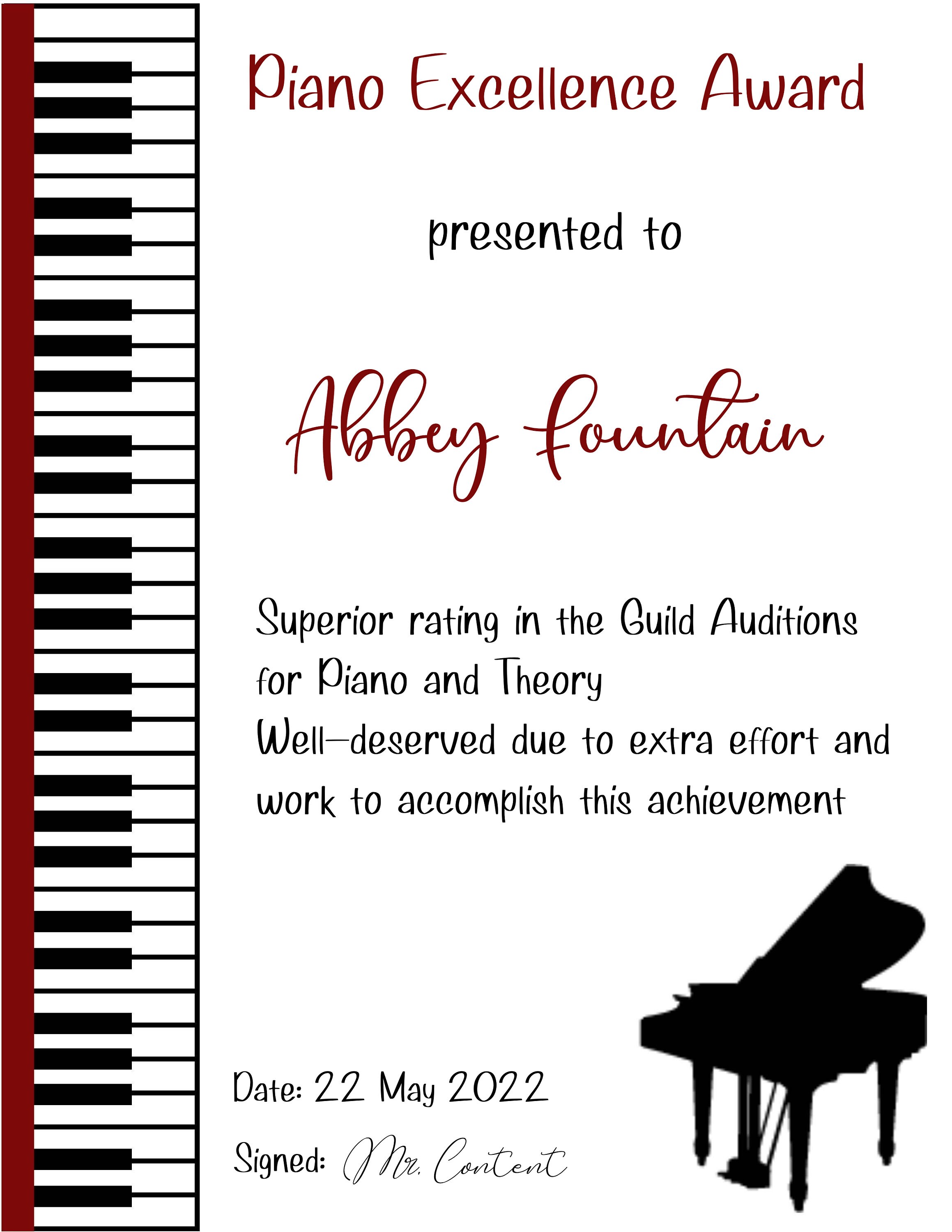 PIANO SILHOUETTE Music Award Certificate With Vertical Piano Keyboard ...