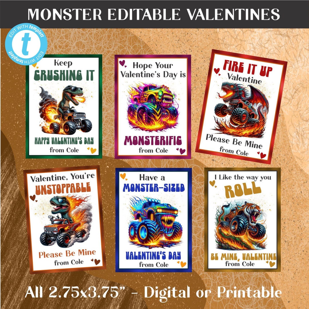 MONSTER TRUCK VALENTINE Templates-6 Crazy Trucks With Dinosaurs, Tiger ...