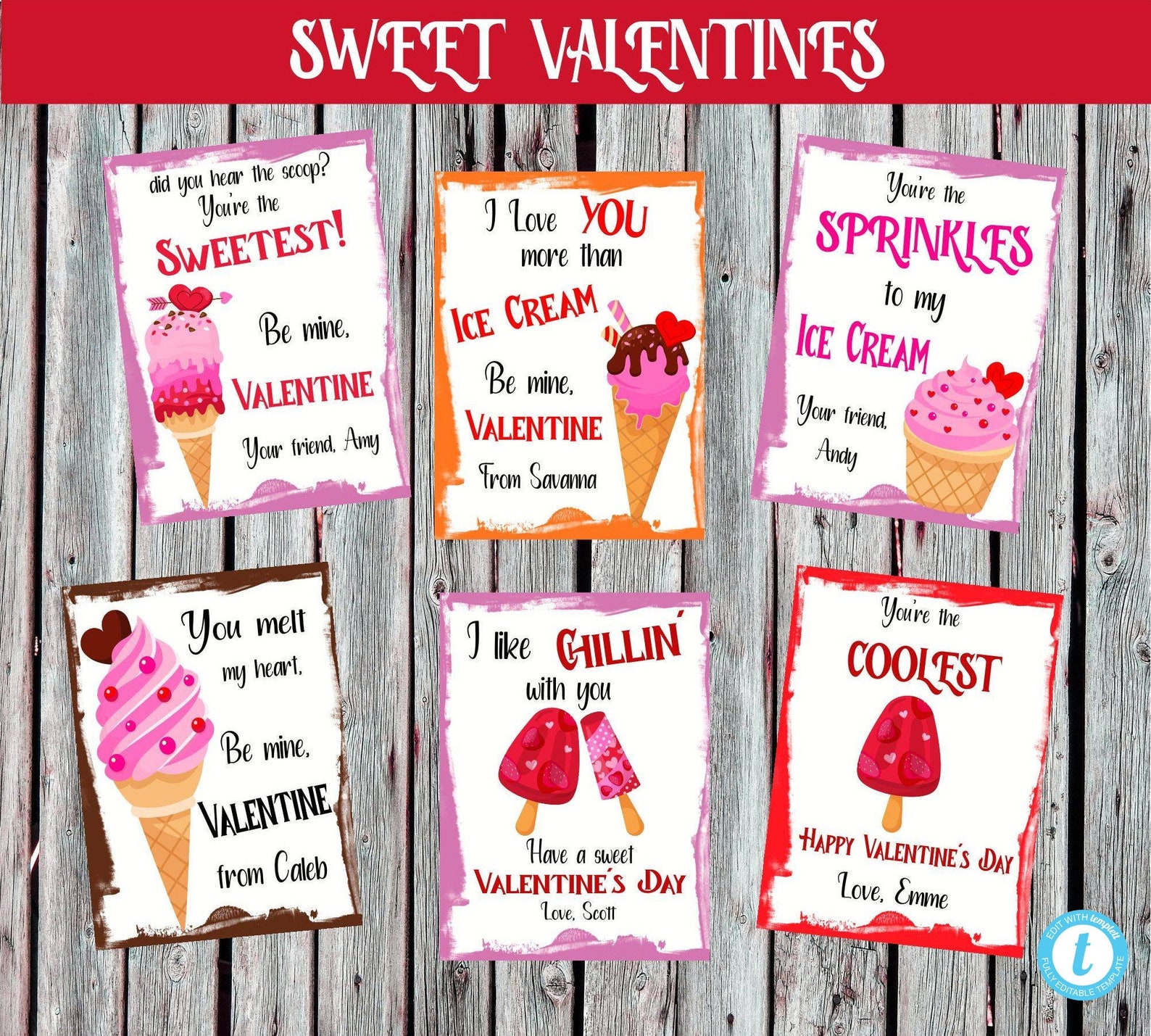 6 FUN ICE CREAM Valentine Templates Ice Cream Treats in Different ...