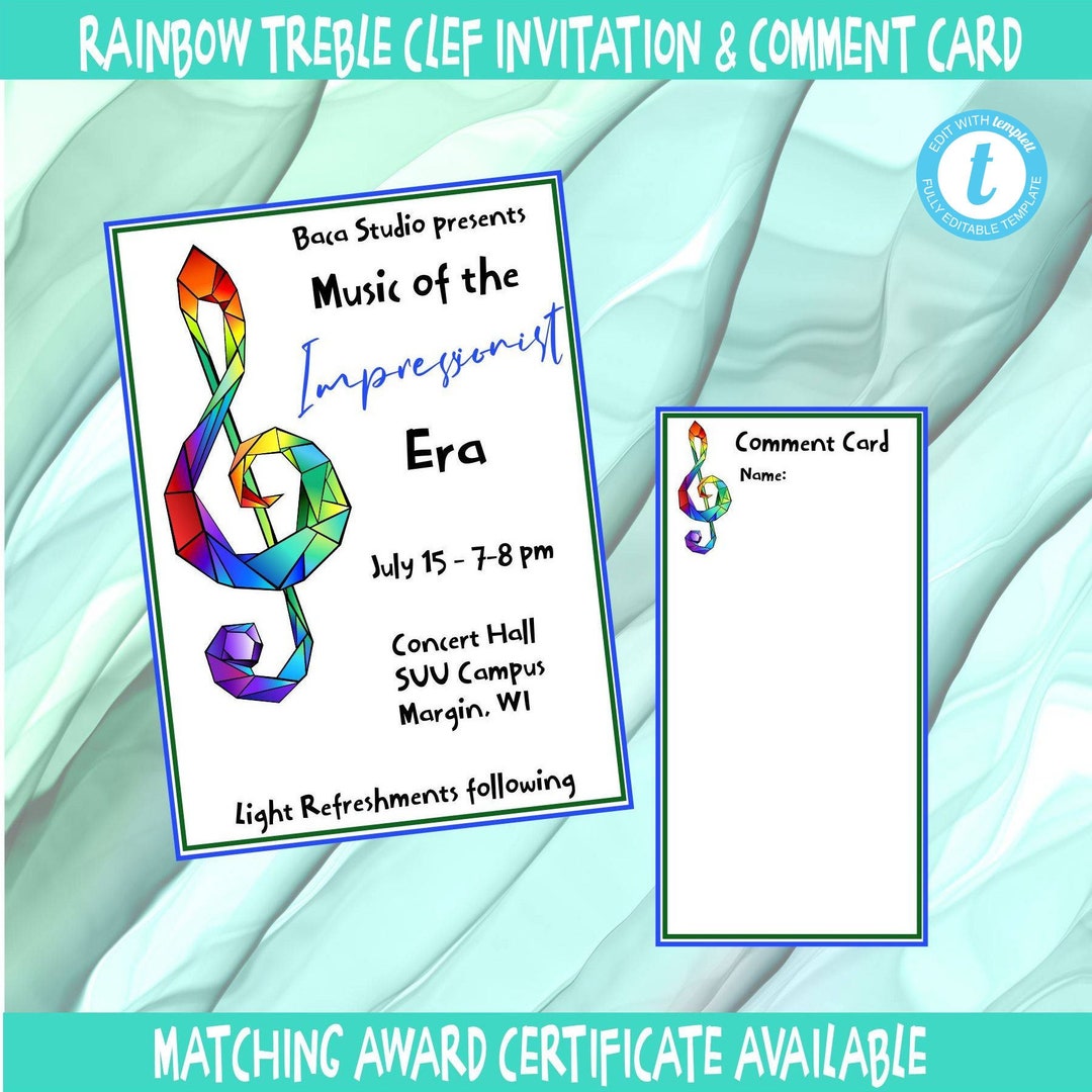 RAINBOW TREBLE CLEF Recital Invitation-comment Card-abstract Clef-use ...