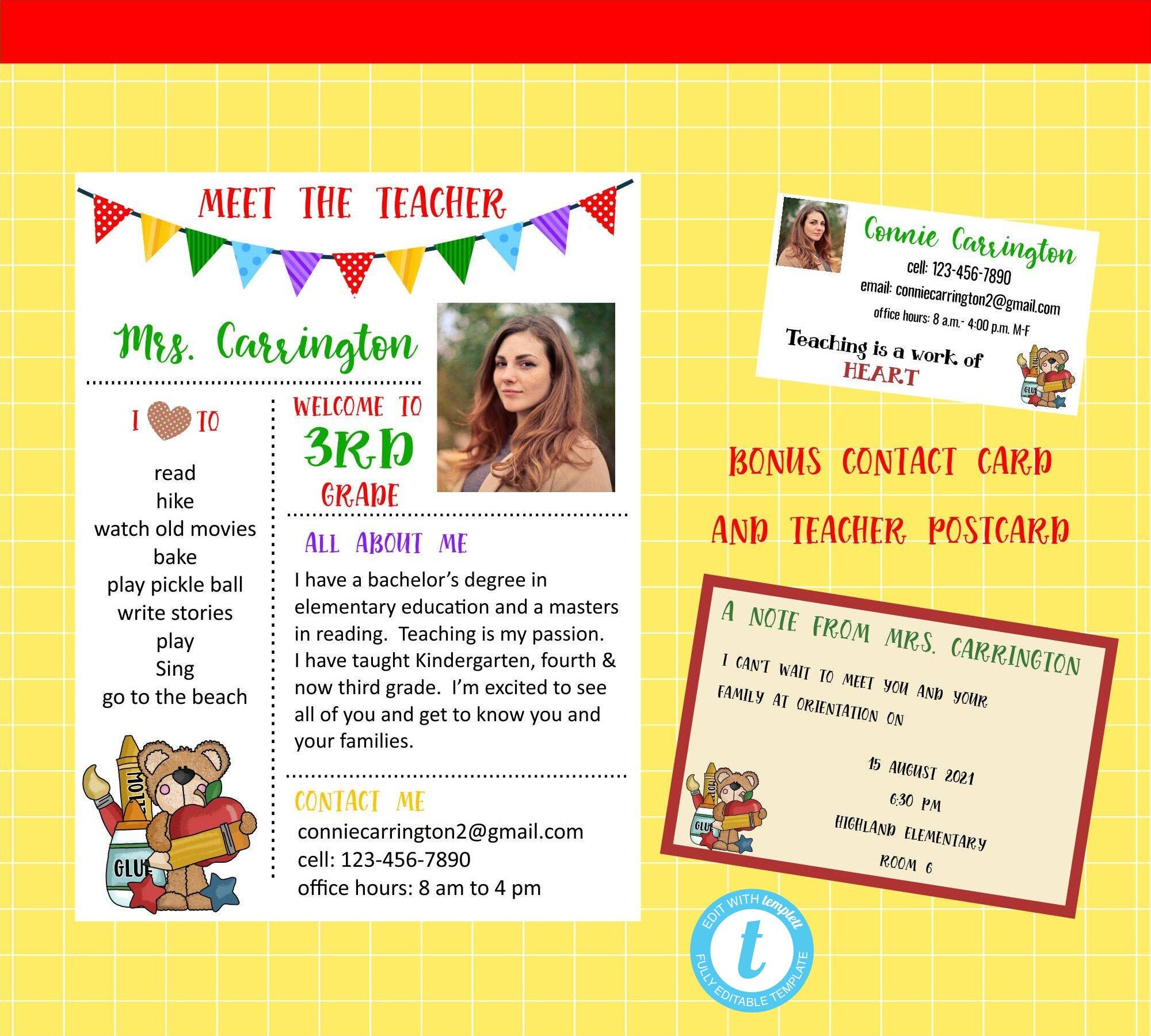 MEET THE TEACHER Template With Bonus Teacher Contact Card and a Note ...