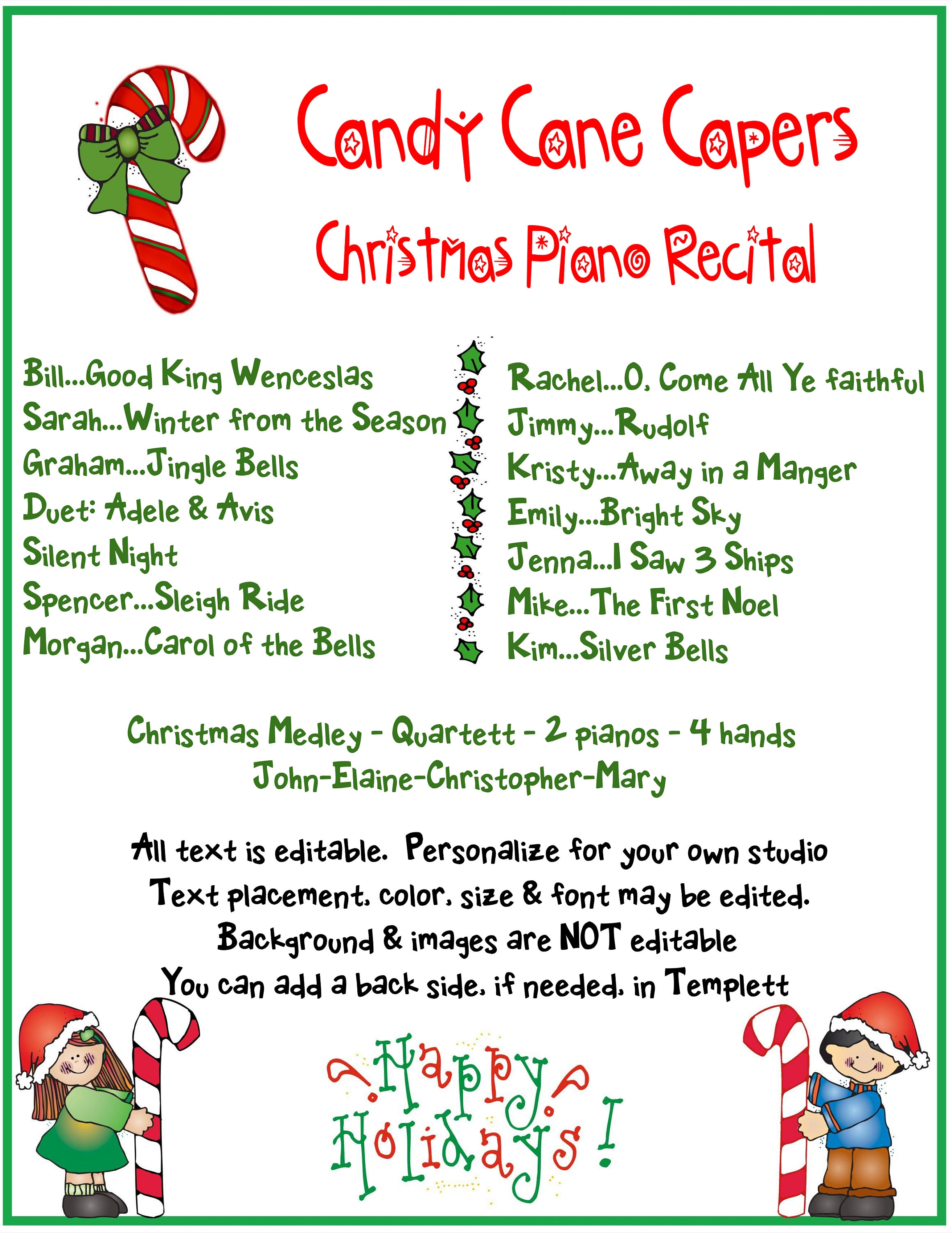 Christmas Music Recital-Candy Cane Caper theme-5 editable files-program ...