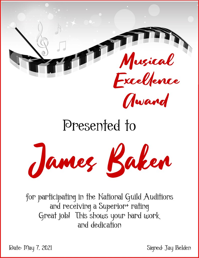 Music Award Certificate With Wavy Piano Keyboard to Recognize the ...