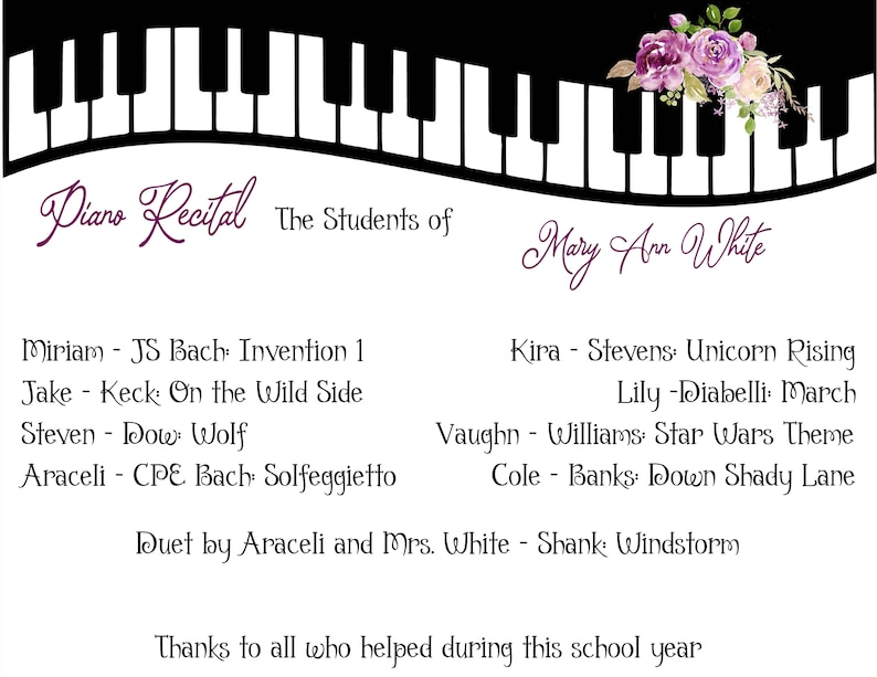 PIANO RECITAL Program & Comment Card-curvy Keyboard and Pretty Lavender ...