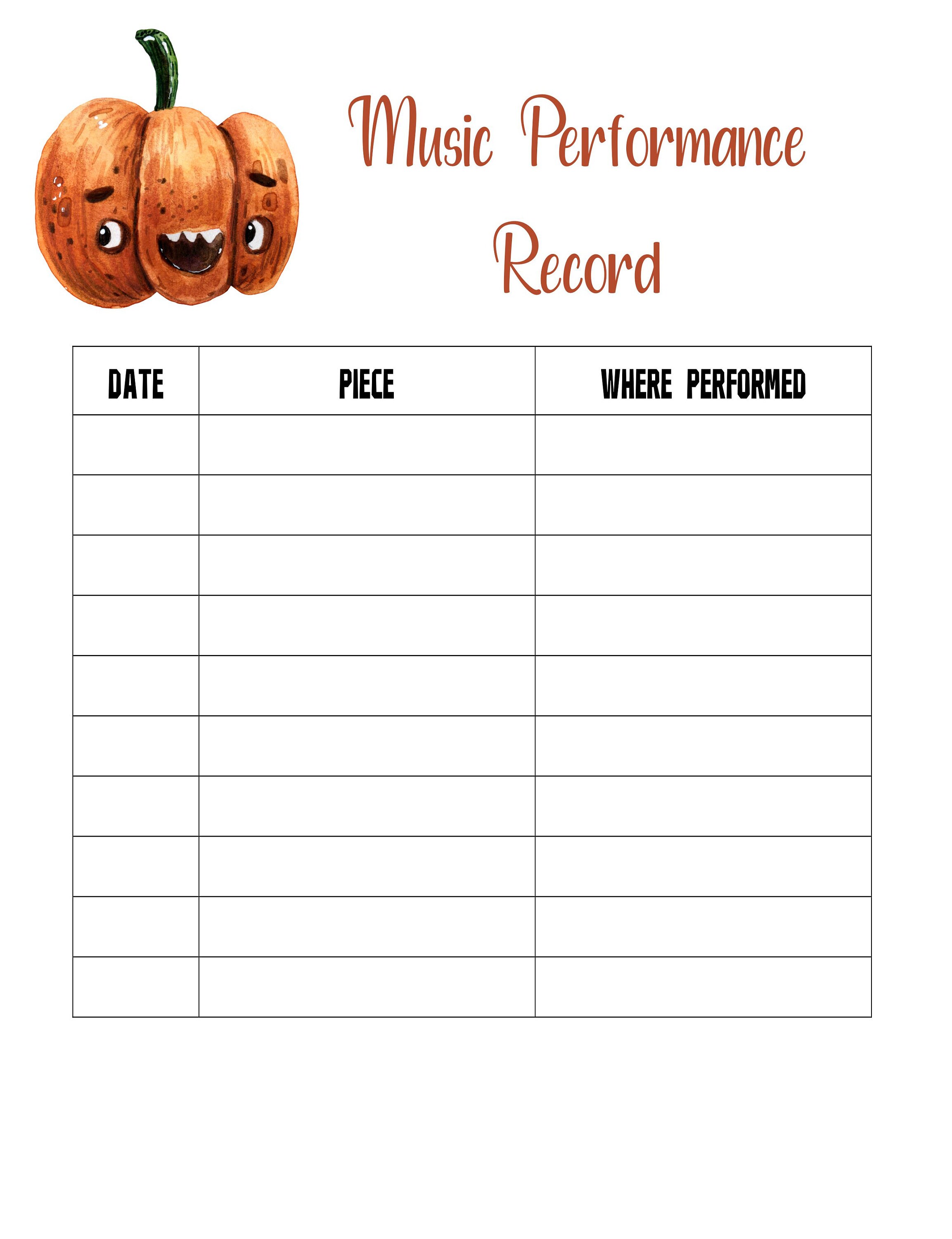 MUSIC PERFORMANCE RECORD Templates With Calendar Theme-12 Different ...