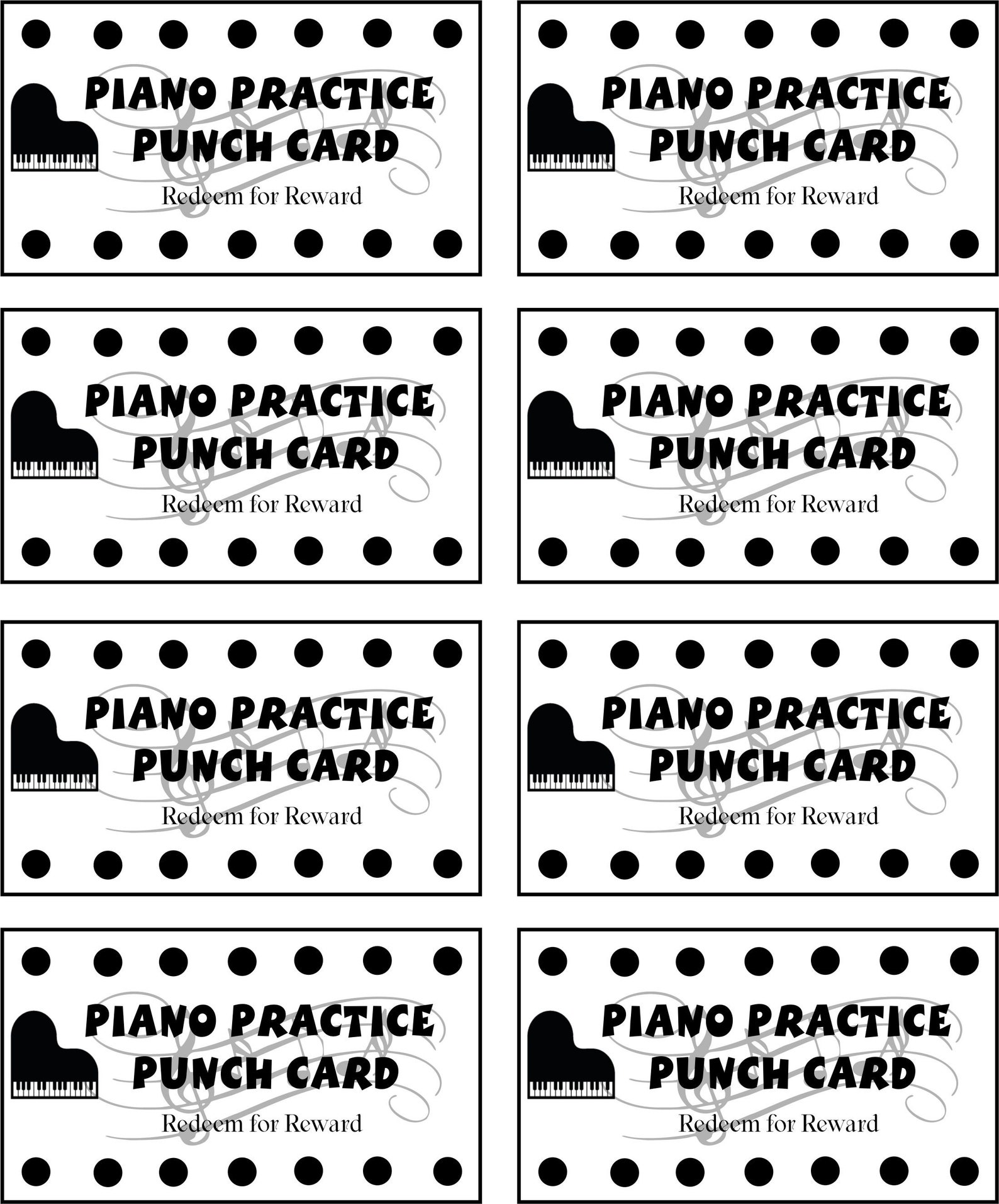 Piano Practice Punch Cards: Student Incentive, Color & B/W (instant ...