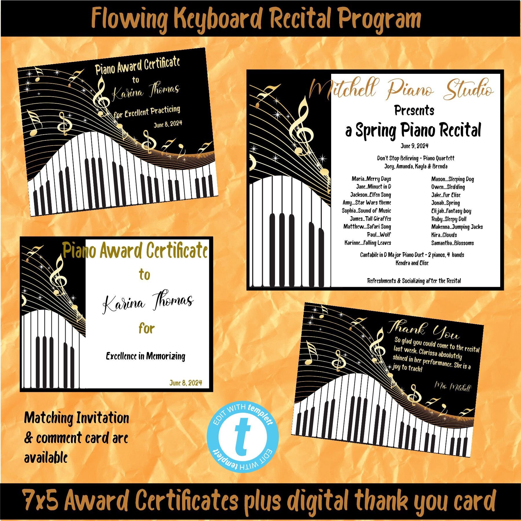 Recital Program-thank You Card-award Certificate With Flowing Staff ...