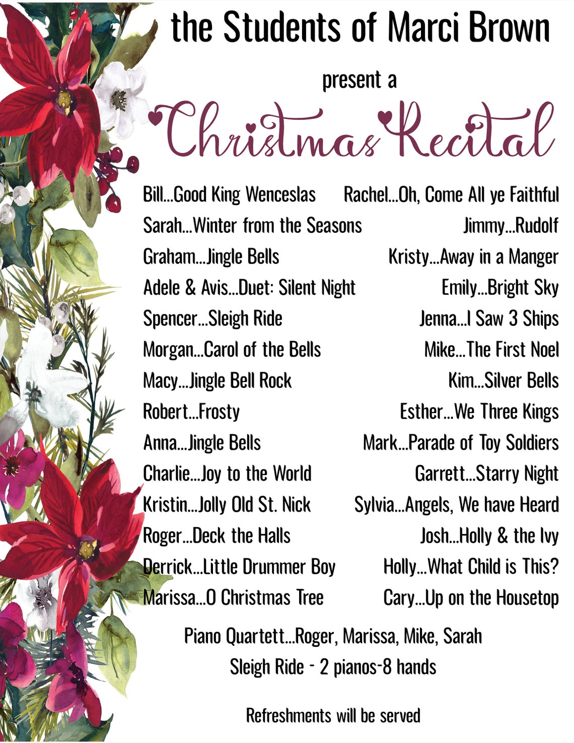 CHRISTMAS RECITAL PROGRAM & Comment Card-pretty Poinsettia Frame on 1 ...