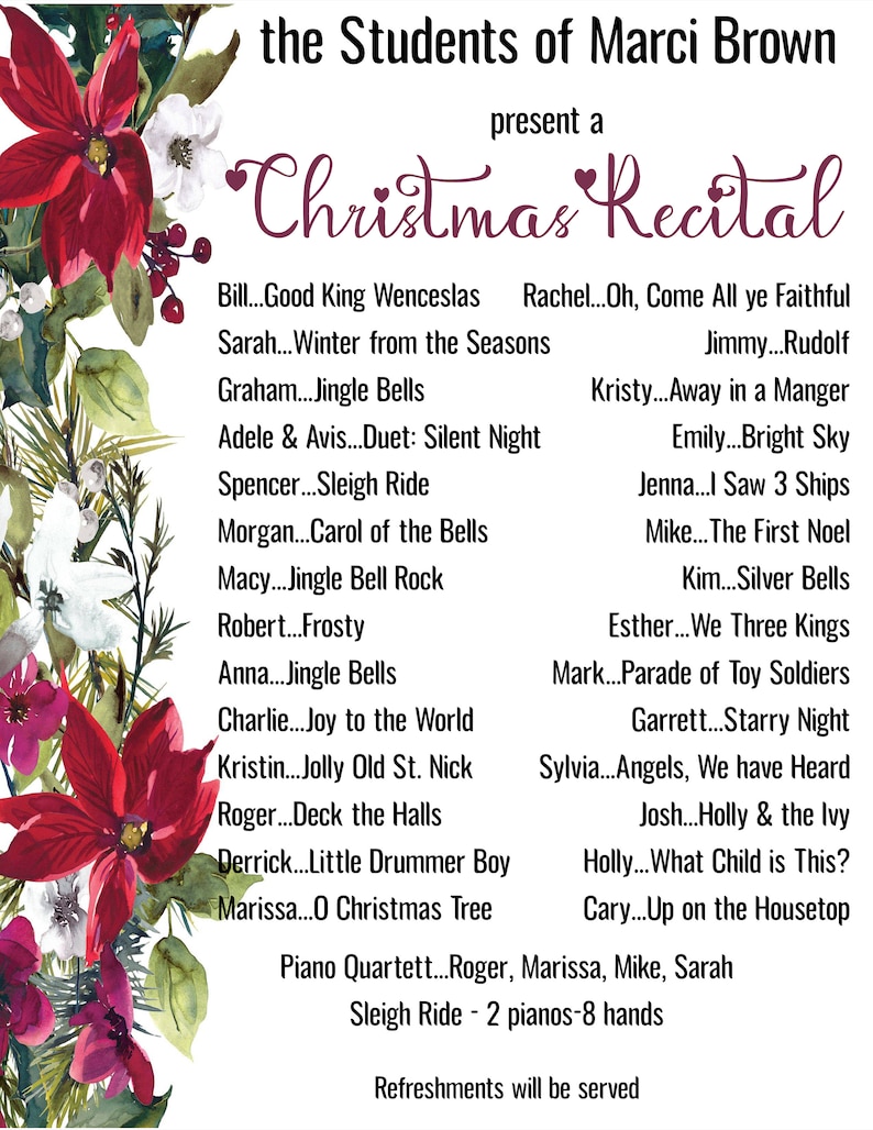 CHRISTMAS RECITAL PROGRAM & Comment Card-pretty Poinsettia Frame on 1 ...