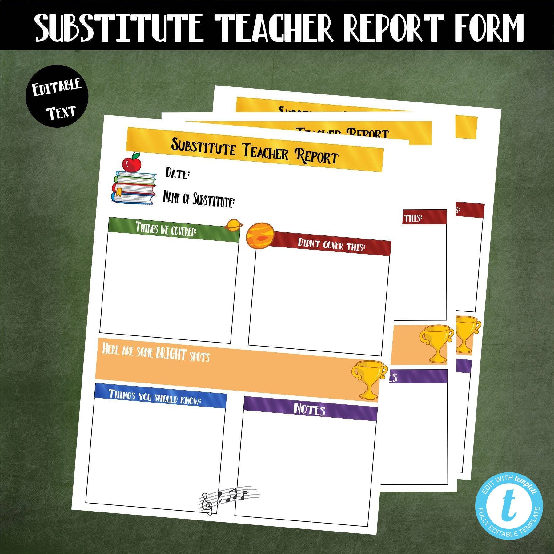 SUBSTITUTE TEACHER REPORT Printable Template for the Classroom-editable ...