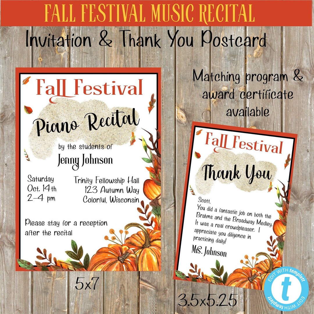MUSIC RECITAL INVITATION and Thank You Postcard-pumpkins and Fall ...