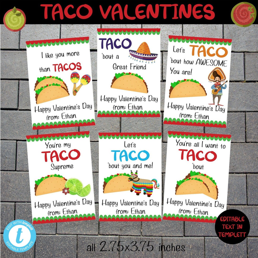 TACO VALENTINE CARDS Template-6 Different Designs-editable Text-2.75x3 ...