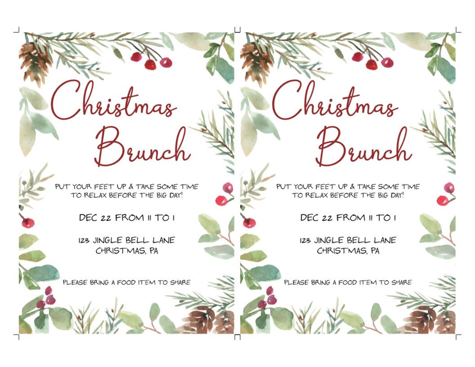 CHRISTMAS BRUNCH INVITATION Printable Template-editable Text-festive ...