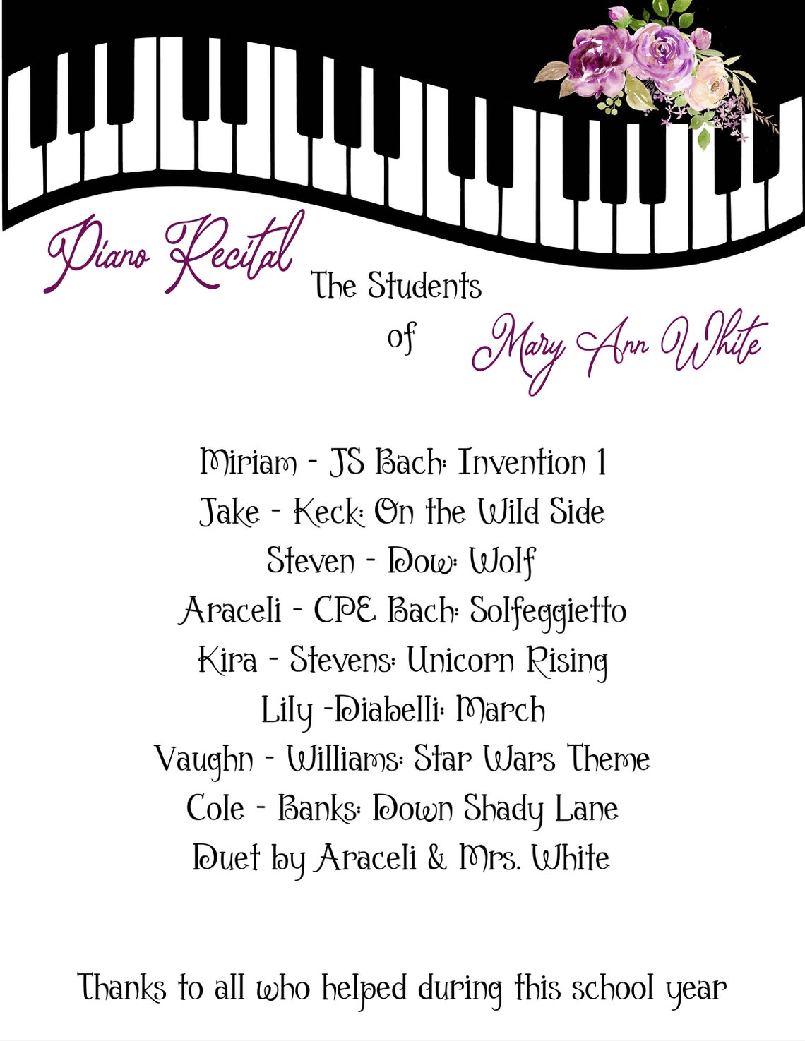 PIANO RECITAL Program & Comment Card-curvy Keyboard and Pretty Lavender ...