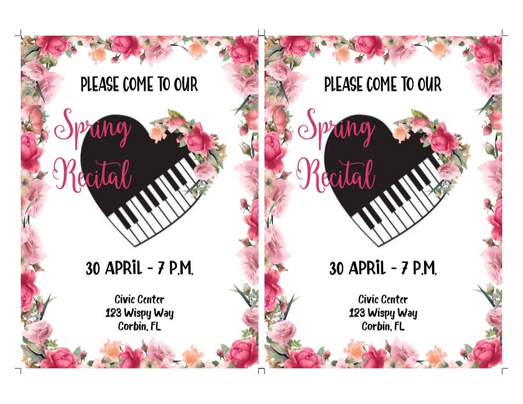 RECITAL INVITATION With a Heart-shaped Piano Keyboard-includes a Thank ...