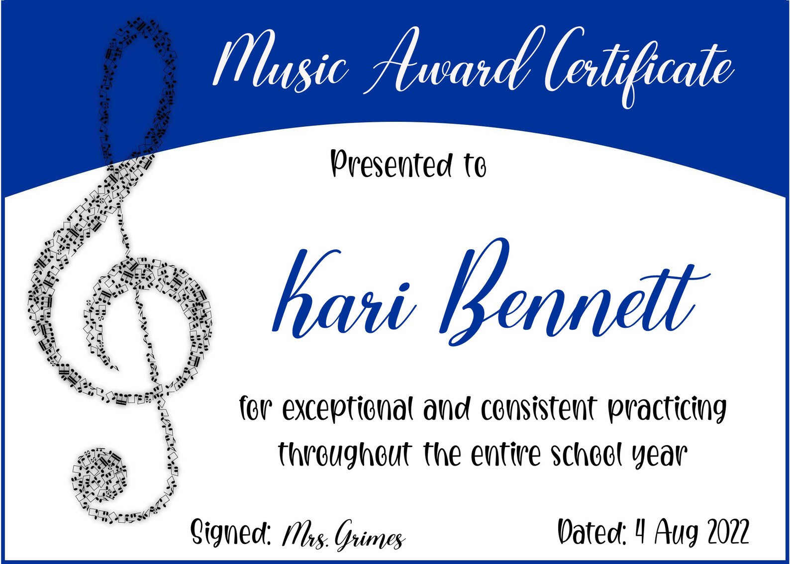 TREBLE CLEF MUSIC Award Certificate-unique Clef Sign Highlights This ...