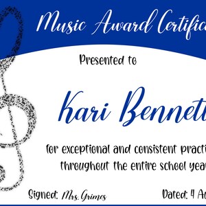 TREBLE CLEF MUSIC Award Certificate-unique Clef Sign Highlights This ...