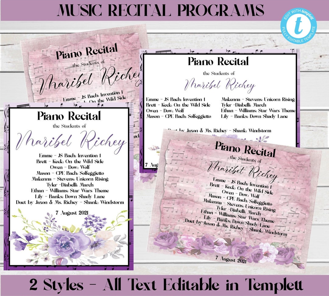 Purple flowers Music Studio Recital Program-Editable text-perfect ...