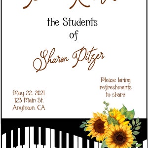 KEYBOARD SUNFLOWERS Recital Invitation With Editable - Etsy