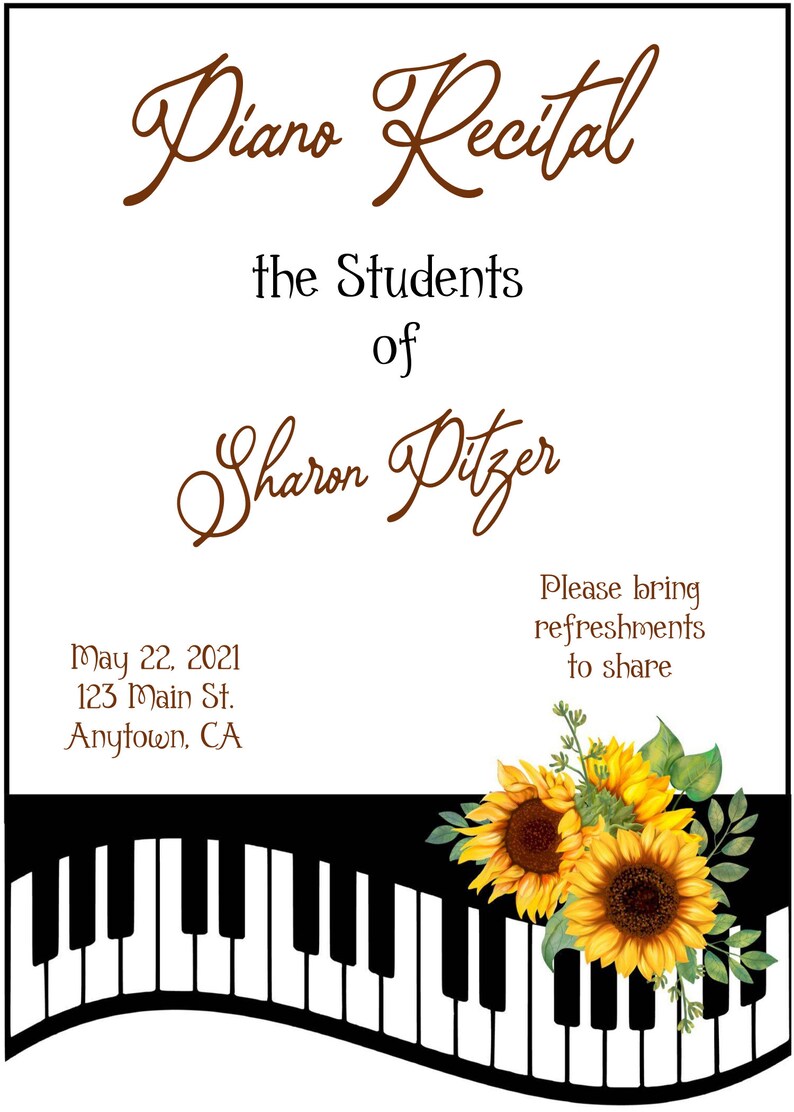 KEYBOARD SUNFLOWERS Recital Invitation With Editable - Etsy