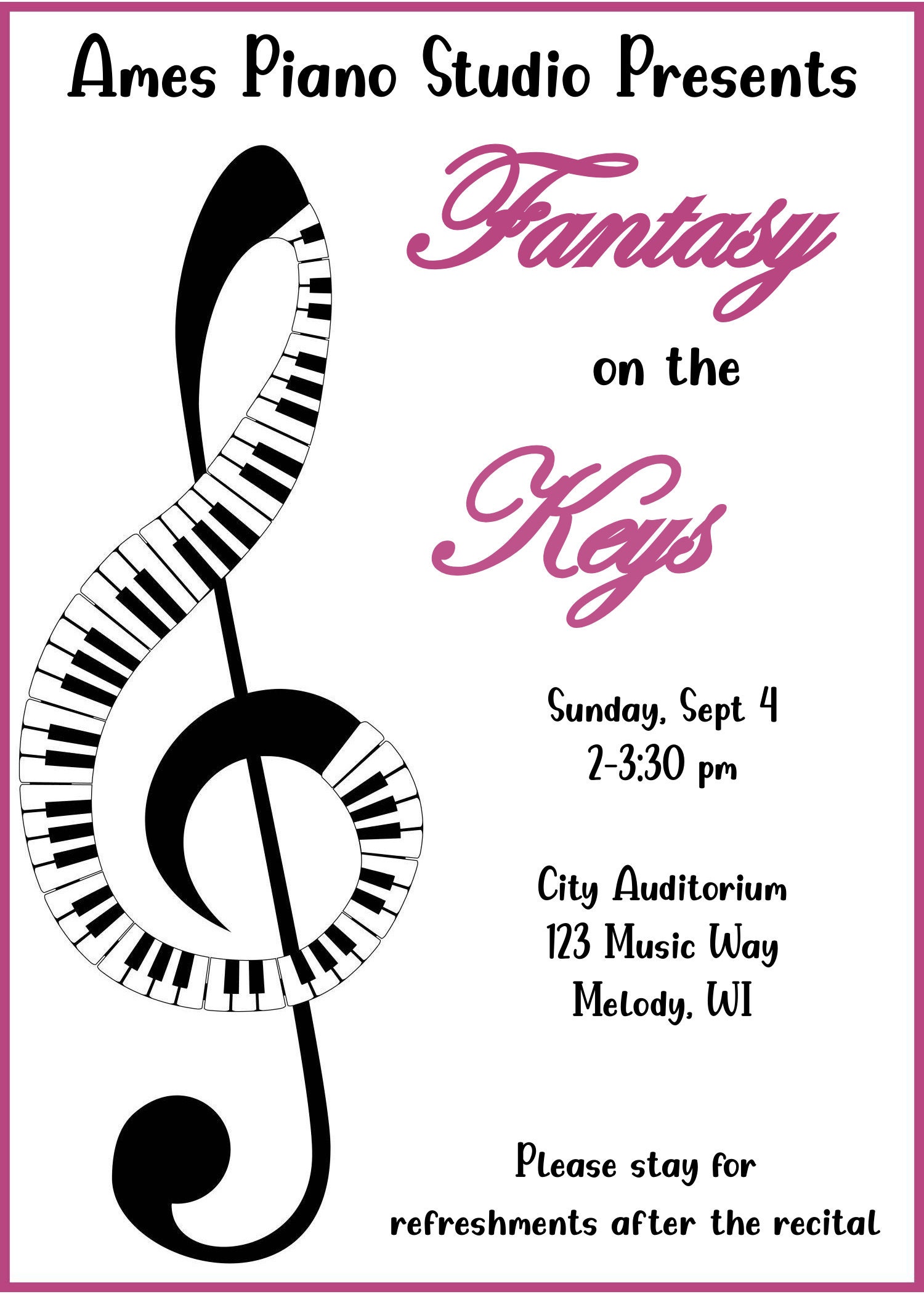 RECITAL INVITATION and Comment Card-piano Key Treble Clef With Pretty ...
