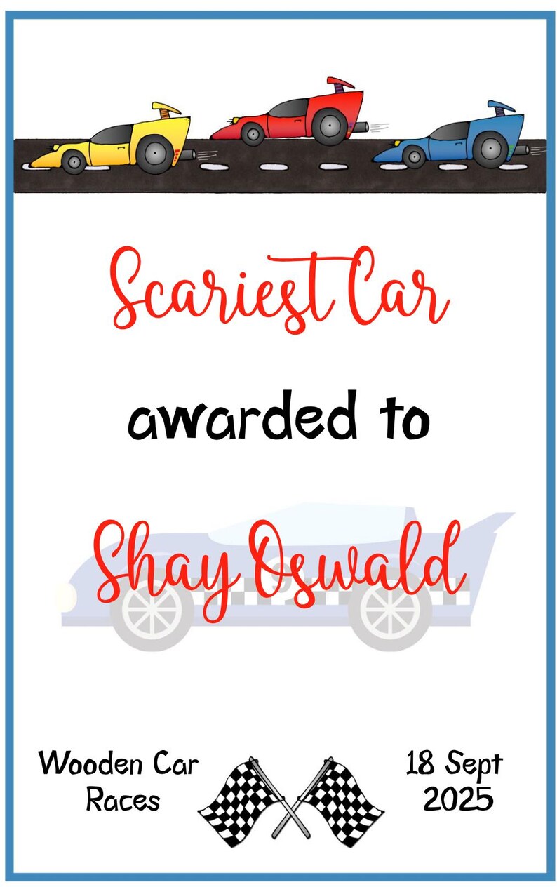 Wooden Car Race Award Certificates: Editable Text (7x5, 10x8, 3x5 ...