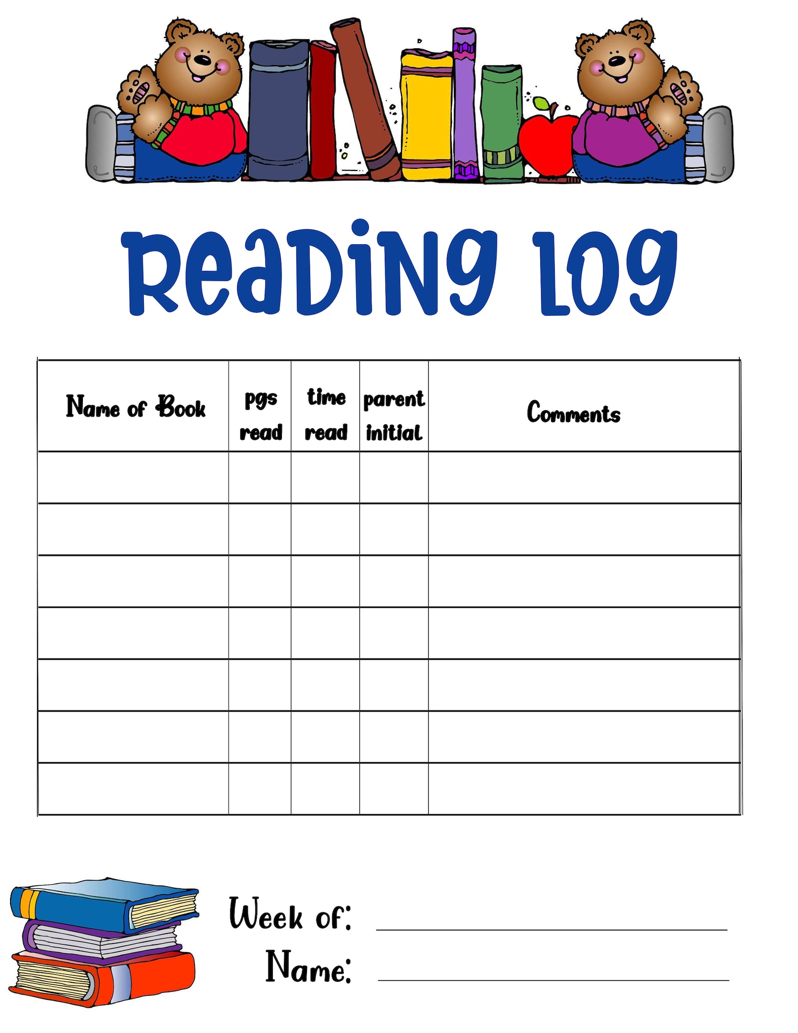 STUDENT READING LOG With 2 Bonus Bookmarks-cute Bears or Bees-all in ...