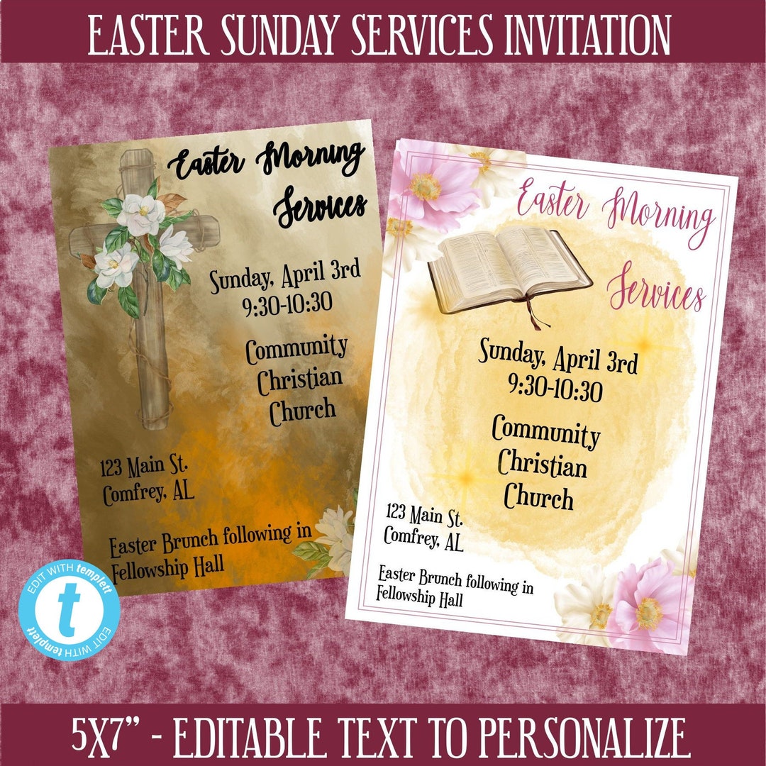 EASTER SUNDAY SERVICES Invitation-2 Styles-editable Text-personalize ...
