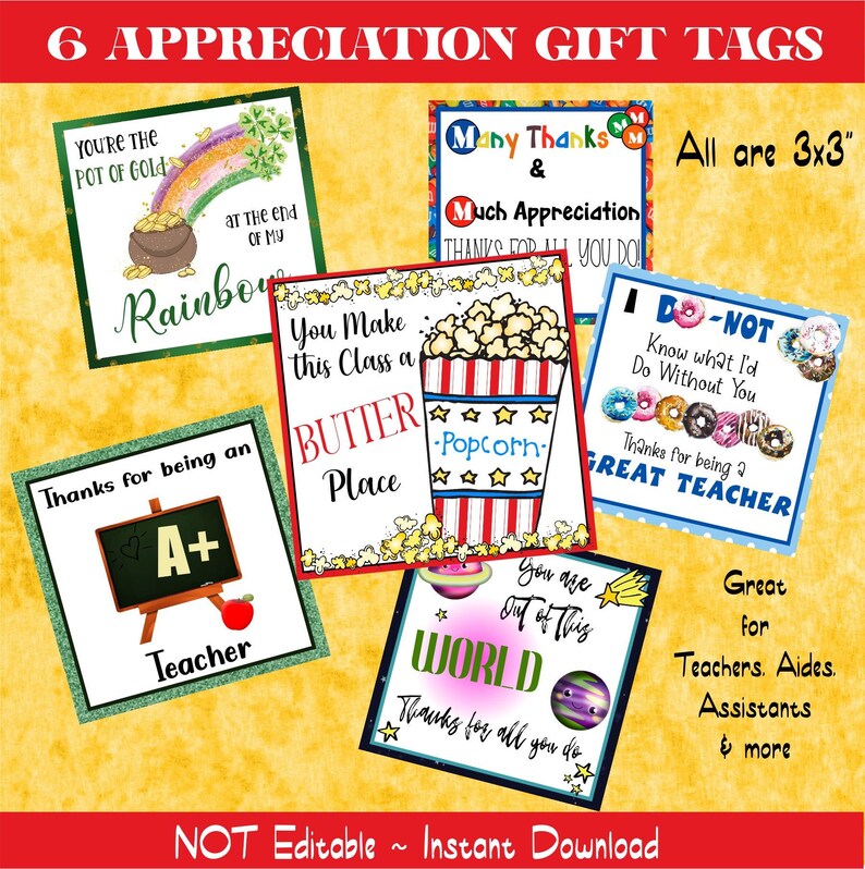 6 APPRECIATION GIFT Tags-different Designs-good for Teachers-assistants ...