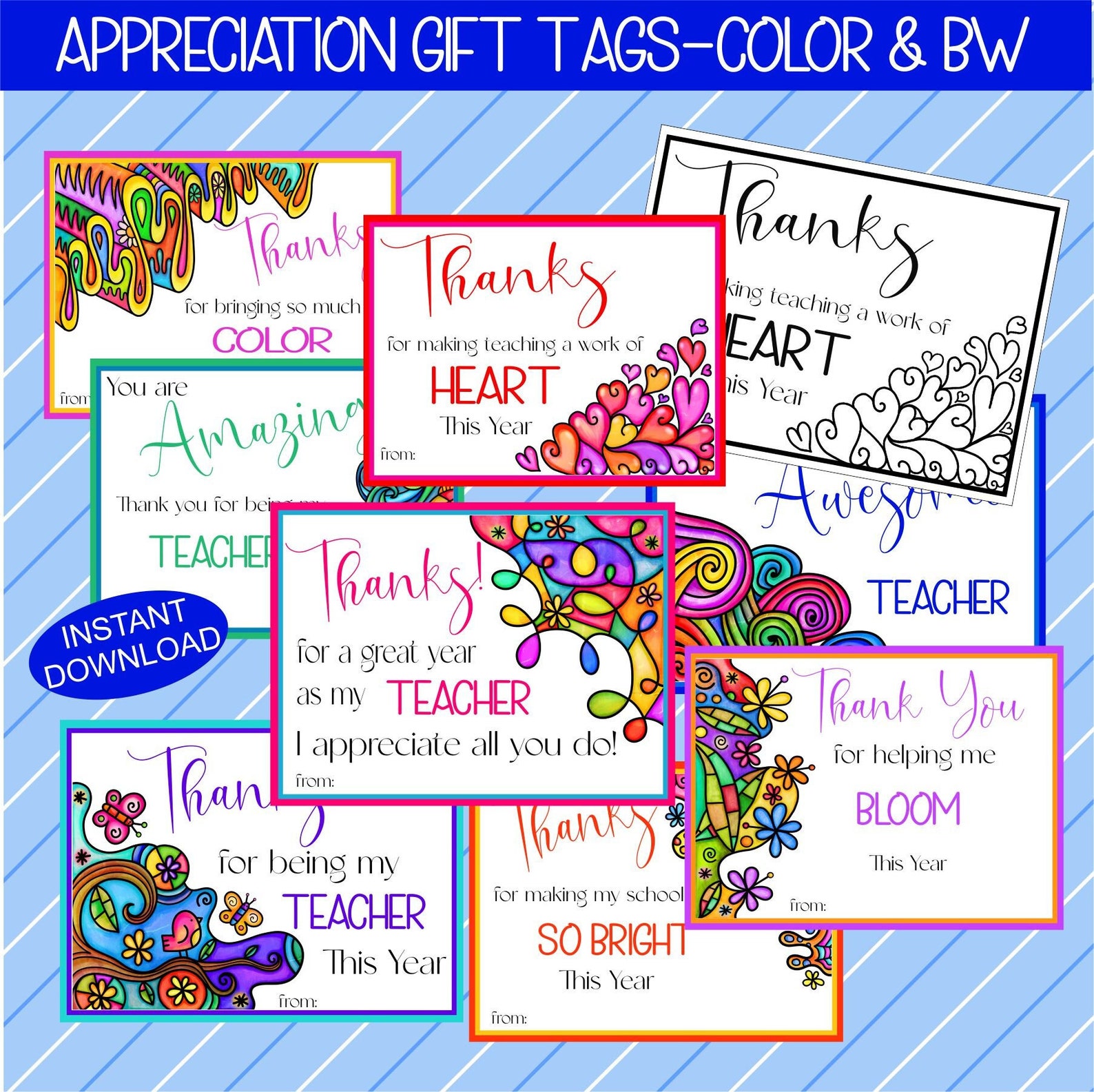 TEACHER APPRECIATION GIFT Tags-color and Black & White-16 Files-instant ...